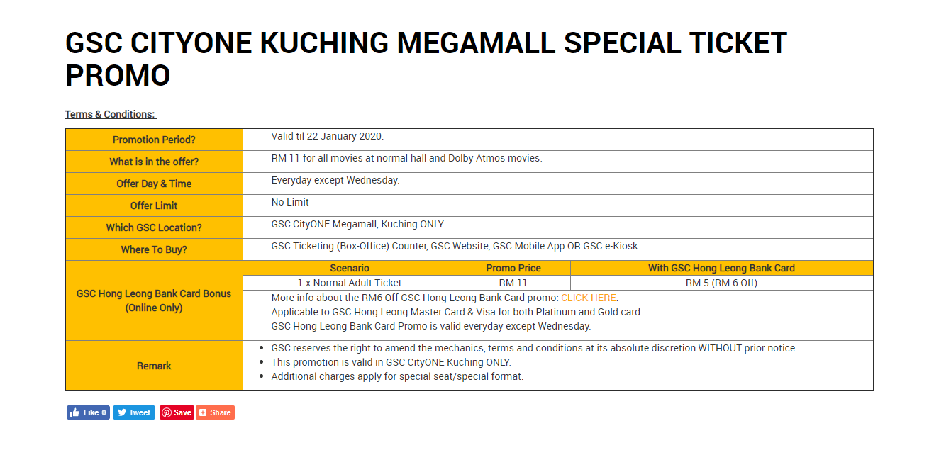 Promosi Tiket Wayang GSC CityOne Kuching Serendah RM11 SETIAP HARI!