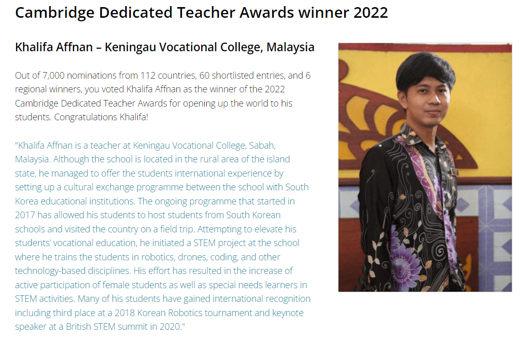 Melakar Sejarah, Guru Dari Sabah Ini Memenangi Anugerah Guru Berdedikasi Cambridge