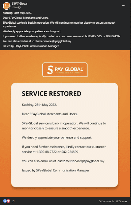 Servis SPAY Global Akhirnya Kembali Berfungsi Selepas Lebih 24 Jam