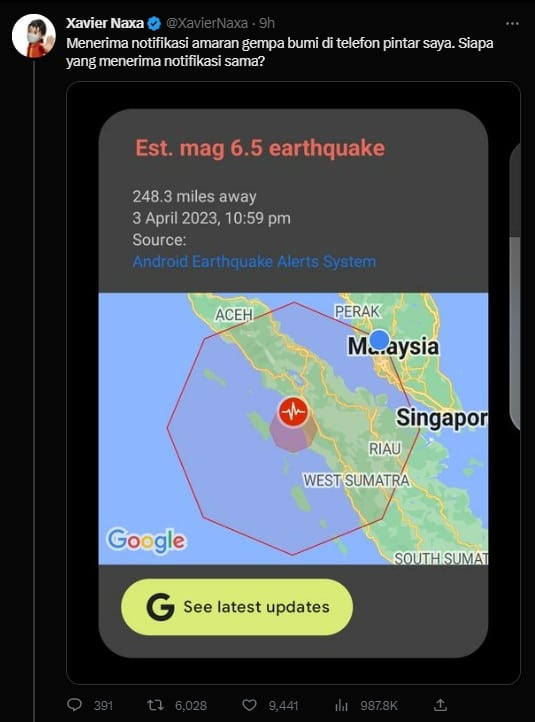 Gempa Bumi Kuat Landa Utara Sumatera, Gegaran Turut Dirasai Di Malaysia
