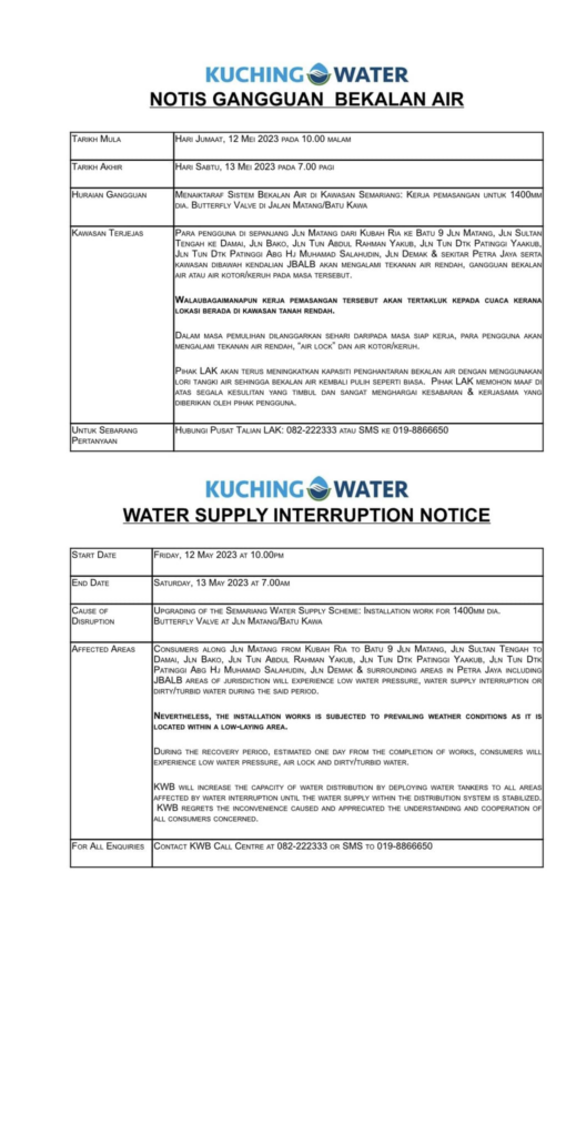Notis Gangguan Bekalan Air Dua Hari Berturut-Turut Di Kawasan Semariang Dan Sekitar