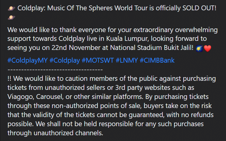 Tiket Concert Coldplay Sold Out, Peminat Bengang Walaupun Dah Beratur Awal