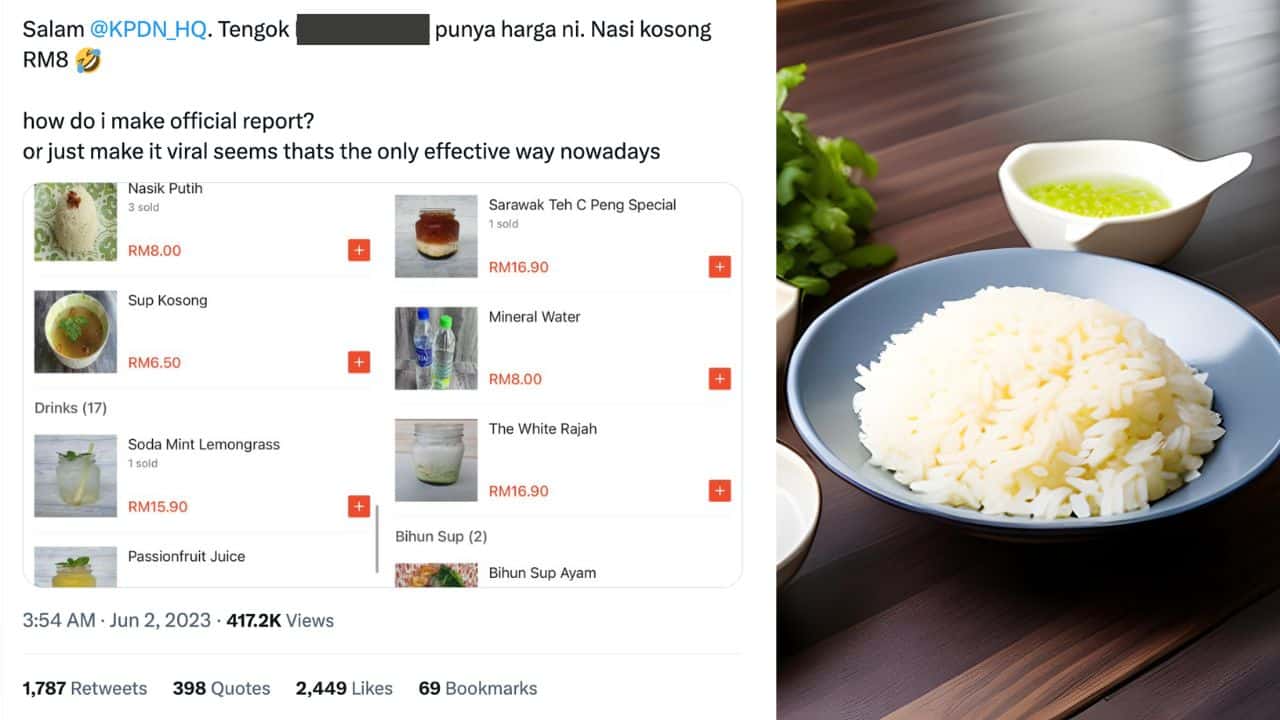 Terkejut Nasi Putih RM8, Individu Geram Kedai Makan Cas Pelanggan Harga 'Cekik Darah'