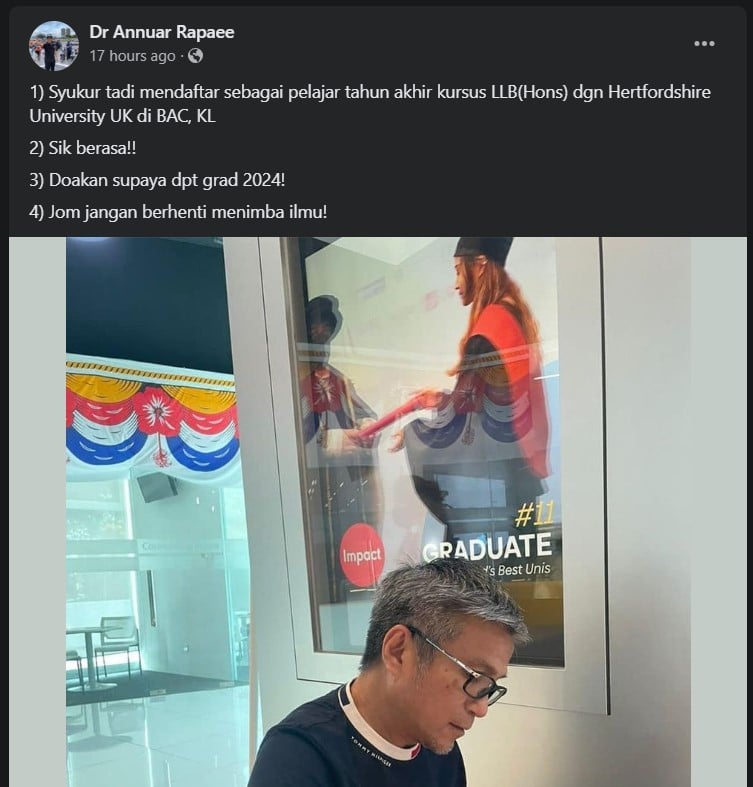 Jangan Berhenti Menimba Ilmu, Dr Anuar Rapaee Dedah Ambil Ijazah Dalam Perundangan