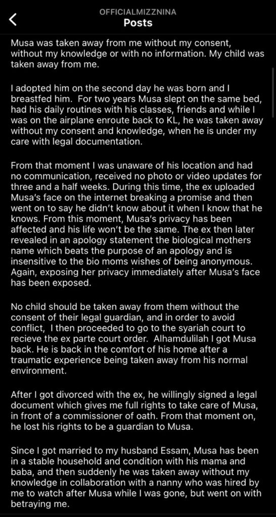 Hak Penjagaan Noh Hilang Lepas Bercerai, Mizz Nina Dedah Musa Dibawa Keluar Tanpa Izinnya