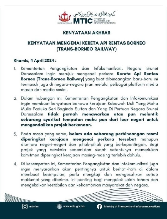 Kerajaan Brunei Nafi Penglibatan Dalam Projek Trans Borneo Railway