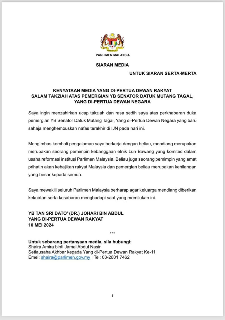 TERKINI: Speaker Dewan Negara, Datuk Mutang Tagal Meninggal Dunia