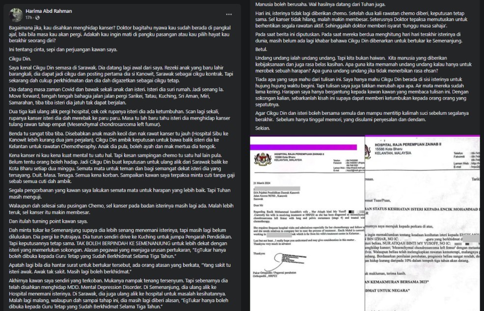 Isteri Hidap Kanser Tahap 4, KPM Beri Cuti Khas Guru Di Sarawak Untuk ...