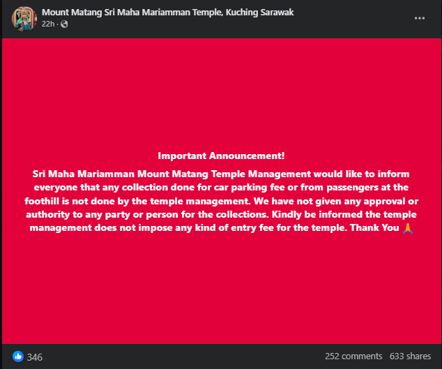 Pihak Pengurusan Kuil Sri Maha Mariamman Matang Perjelas Mengenai ...