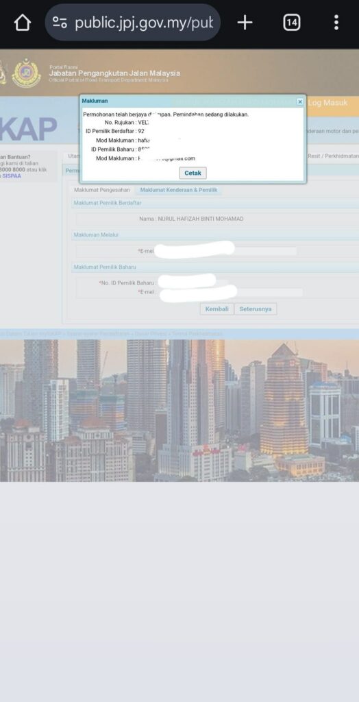 Ini Cara Mudah Tukar Nama Kenderaan Secara Online Tanpa Pergi JPJ