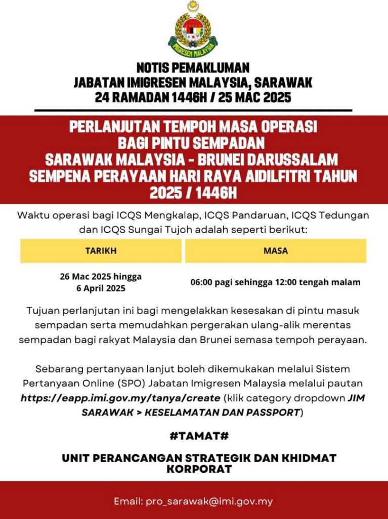 Waktu Operasi ICQS Sarawak-Brunei Dilanjutkan Sempena Aidilfitri Mulai Hari Ini